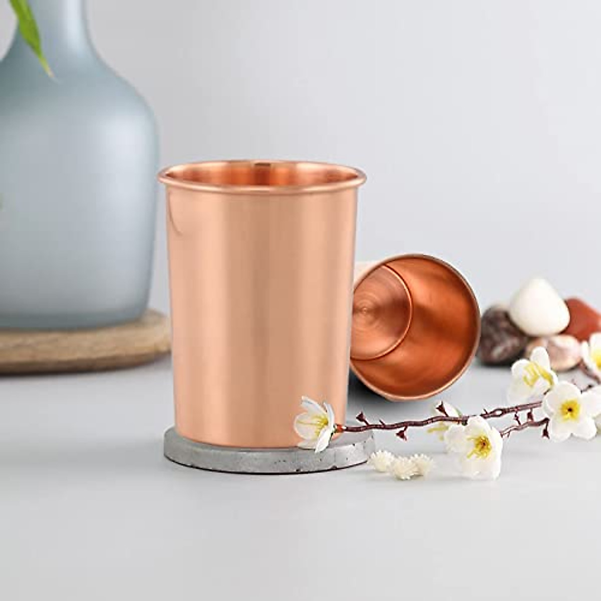 HEALTHANDWEALTH Pure Copper Tumbler Set of 2 | Copper Water Drinking Glass | Copper Cup Hold 250 Ml Water (8.4 US Fluid Ounce) | For Storing and Drinking Water for Health Benefits of Ayurveda