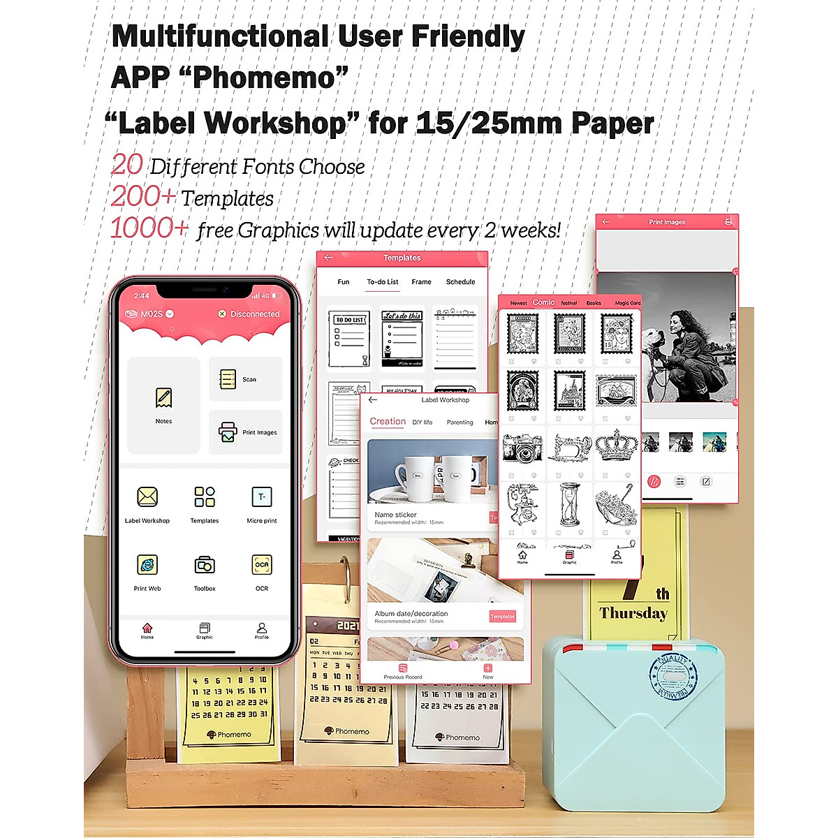 Phomemo 300dpi Mini Note Printer- Bluetooth Portable Thermal Pocket Printer for Home/Office/School, for Planer, Teacher, DIY, Students, with Total 6 Rolls Paper, Cyan