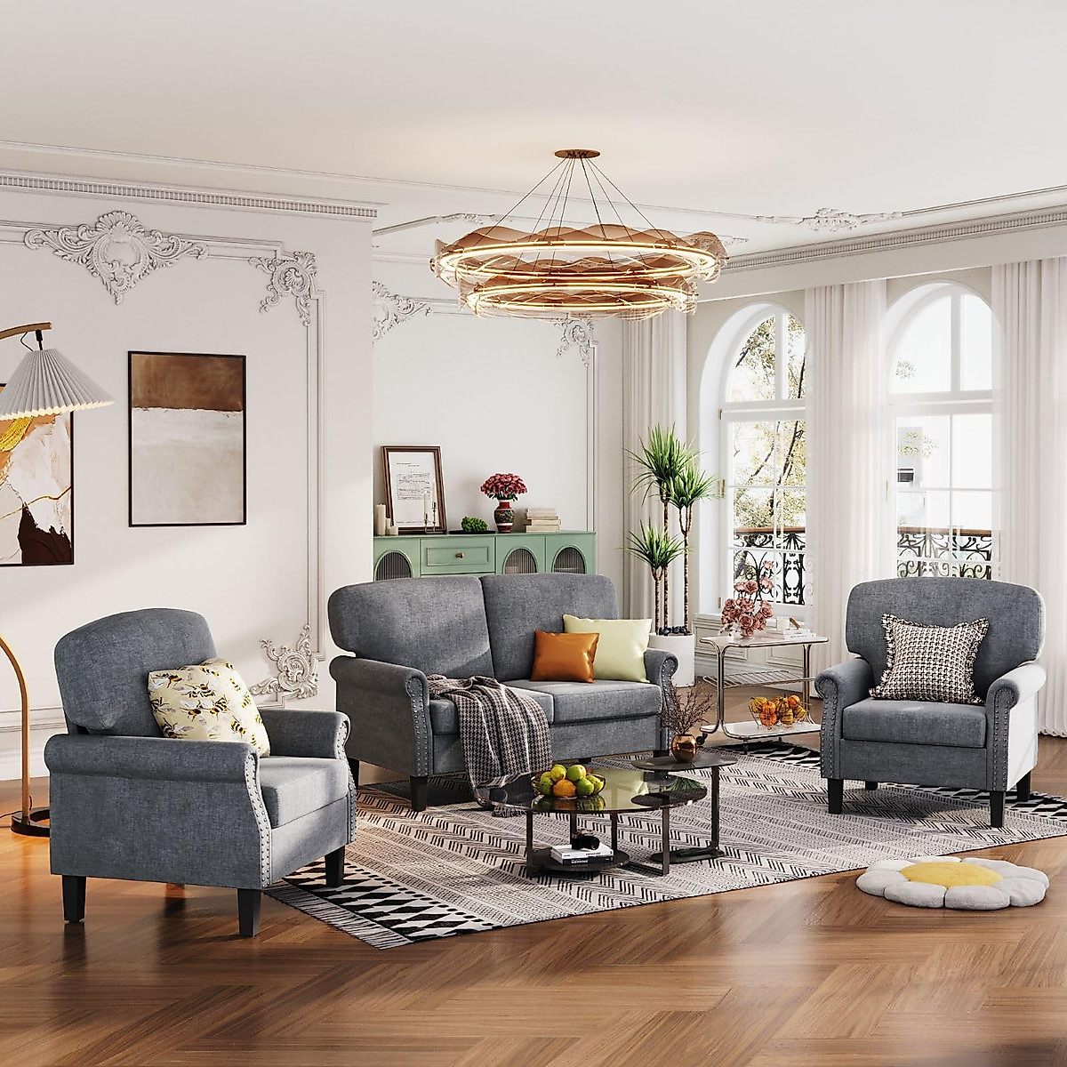 Sophia & William 3 Piece Living Room Furniture Set, 1 Loveseat & 2 Accent Chairs, Linen Fabric Comfy Sectional Sofa Couch for Living Room, Bedroom, Grey