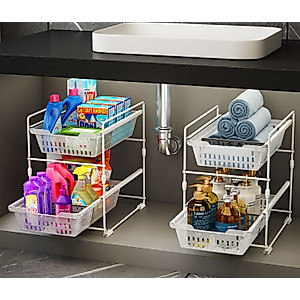 Under Sink Organizers and Storage,Bathroom Counter Organizer Shelf,2 Tier Pull Out Cabinet Organizer Baskets with Dividers,White