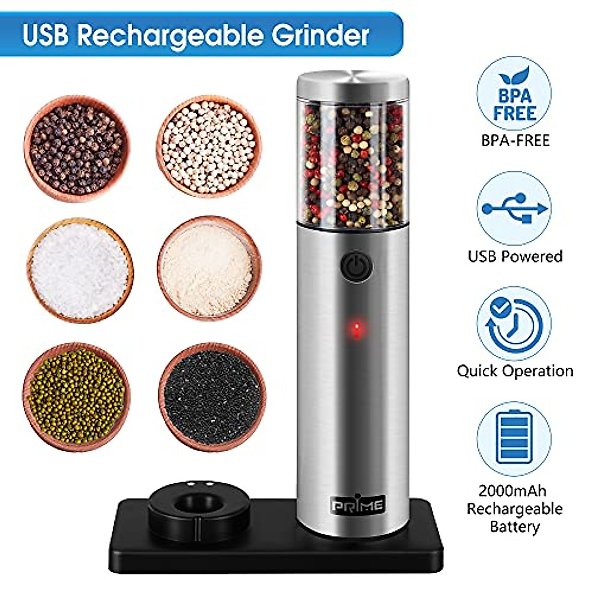 PRIME, Electric Salt and Pepper Grinder Set, 2 Mills, Rechargeable, With Charging Base, USB Cable, Power Adapter, Automatic Tact Switch Operation, Adjustable Coarseness, Stainless Steel (Ver. 2.2)