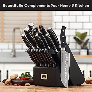19-Piece Kitchen Knife Set With Wooden Knife Block - German Stainless Steel Knife Set for Kitchen with Block, Paring, Chefs, Santoku, Carving, Utility & 8 Steak Knives - Knife Sharpener & Shears