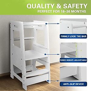 ECOMEX Standing Tower for Toddlers, Toddler Stool for Kitchen Counter Kids Kitchen Step Stool with Safety Rail Toddler Standing Tower with Adjustable Platform for Kitchen Counter, Elegant White