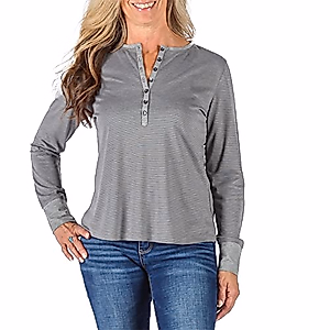 The Celtic Ranch Women's Long Sleeve Waffle Knit Henley, Crew Neck That Buttons Open to V-Neck, Contrast Fabric Sleeve Cuffs (Grey, Small)