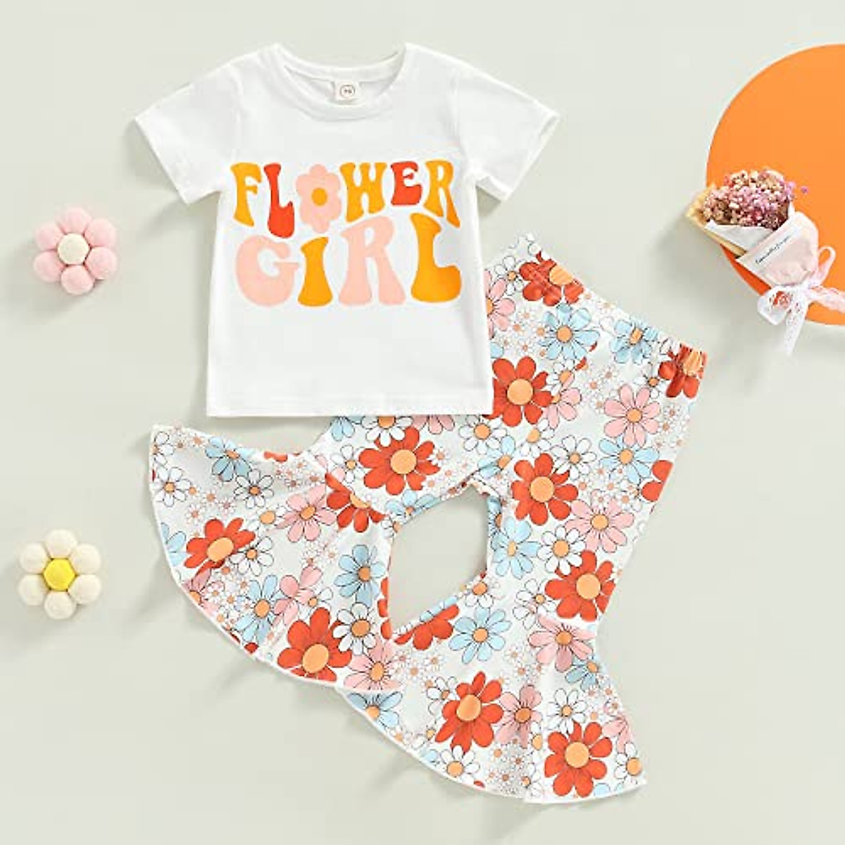Toddler Baby Girl Outfit Letter Rainbow Short Sleeve T-Shirt Tops Flower Flared Pants Bell Bottoms 2Pcs Clothes Set 1-6Y (Orange C, 3-4 Years)