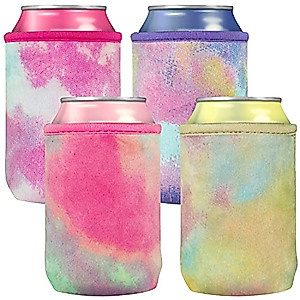 BAGnoREGio 4-Pack Tie Dye Faux Fur Neoprene 12oz Beer Can Cooler Sleeves, Fuzzy Plush Velvet Soda Can Koozies (Rainbow Multi color)