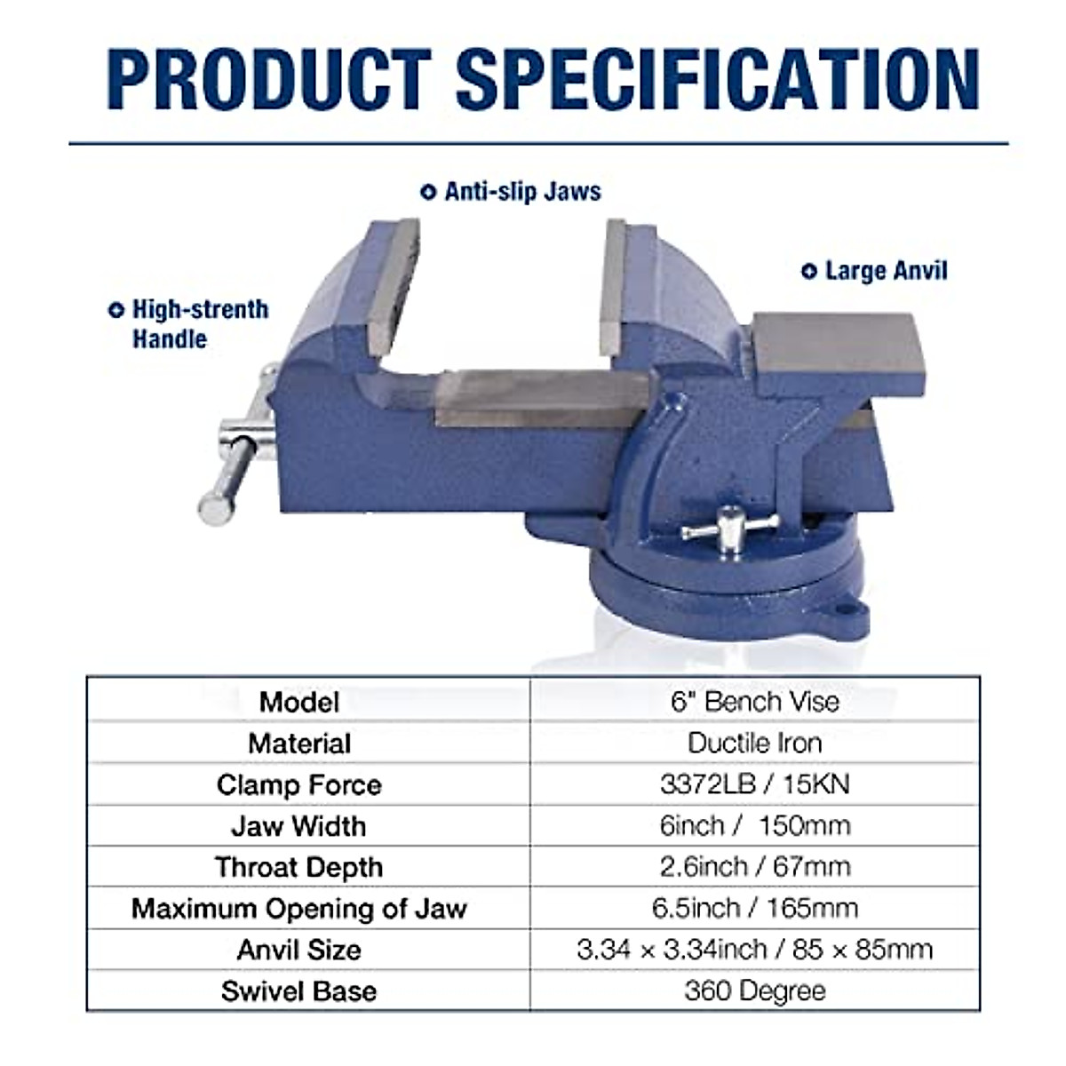 LFGUD 6" Bench Vise, 6" Jaw Width 6.5" Jaw Opening 360° Swivel Base Clamp Table Vise Heavy Duty Bench Vise for Woodworking, Cutting Conduit, Drilling, Metalworking, Home Workshop Use and DIY Jobs