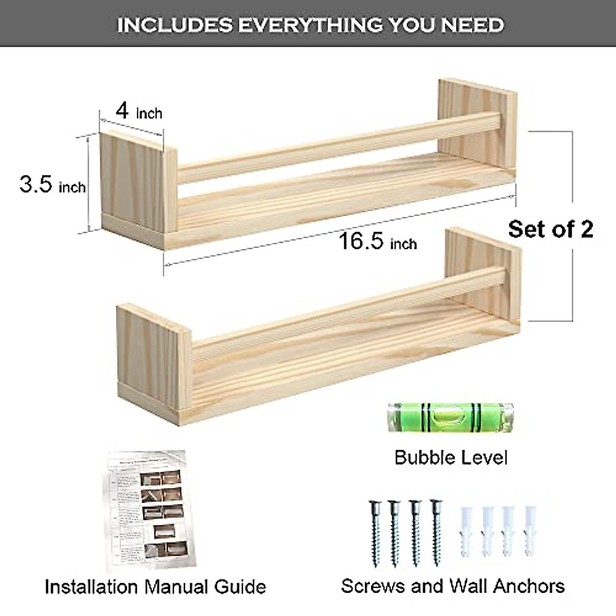 Classic Nursery Shelves, Set of 2 Natural Wood Floating Book Shelves for Kids Room, Wall Shelves for Bathroom Decor, Kitchen Spice Rack, Book Shelf Organizer for Baby Nursery Décor (16.5Lx4W)