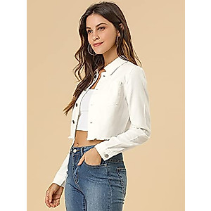 Allegra K Women's Jean Jacket Frayed Button Up Washed Cropped Denim Jacket Medium White