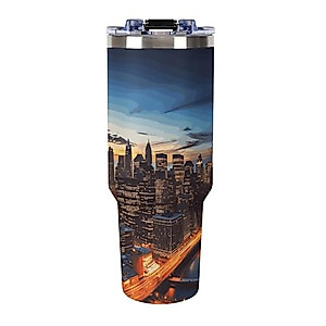 LLUTSNTH 40 Oz Vacuum Tumbler with Black Handle Leakproof Insulated Tumbler New York City Scenery Stainless Steel Travel Mug with Lid And Straw Coffee Cup Cute Water Bottles Cup Holder Friendly