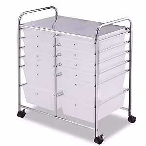 GOFLAME 12-Drawer Rolling Storage Cart, Multipurpose Organizer Cart with 2 Sizes Plastic Drawers, Mobile Utility Cart with Lockable Casters for School, Home Office, Beauty Salon, Clear