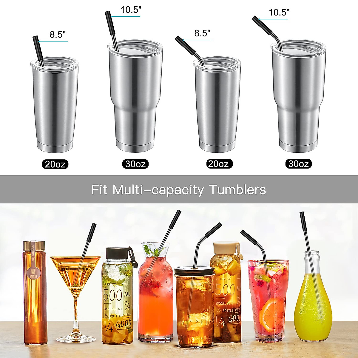 StrawExpert 16 Pack Black Reusable Metal Straws with Black Silicone Tip & Travel Case & Cleaning Brush,Long Stainless Steel Straws Drinking Straw for 20 and 30 oz Tumbler