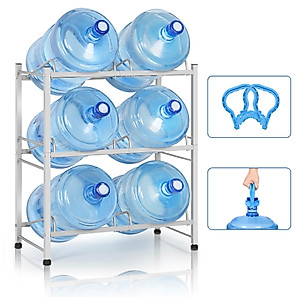smusei 5 Gallon Water Bottle Holder 3 Tier Water Jug Holder Heavy Duty Double-Row Water Jug Stand for 6 Bottles Water Bottle Storage Rack for Small Space, Room Corner (Silver)