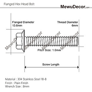M6-1.0 x 20mm Flanged Hex Head Bolts Flange Hexagon Screws, Stainless Steel 18-8 (304), Plain Finish, 25 PCS