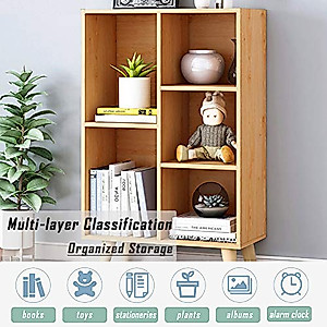 IOTXY Wooden Open Shelf Bookcase - 3-Tier Floor Standing Display Cabinet Rack with Legs, 5 Cubes Bookshelf, Pear Yellow