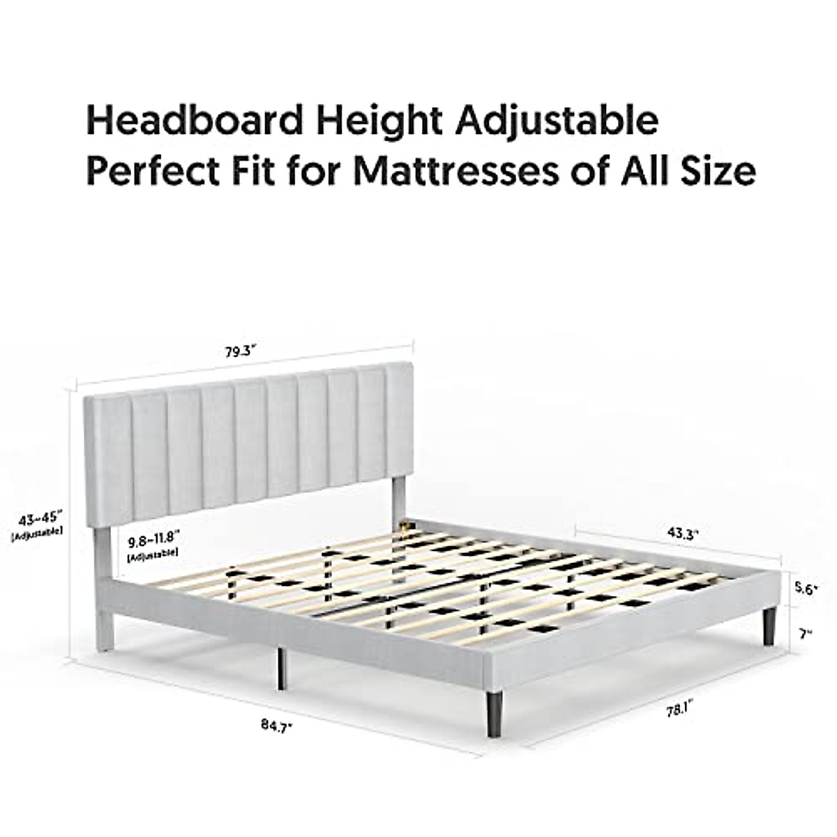 BONSOIR King Size Bed Frame Modern Vertical Panel Upholstered Low Profile Platform with Tufted Headboard/No Box Spring Needed/No Bed Skirt Needed/Linen Fabric Upholstery/Light Grey