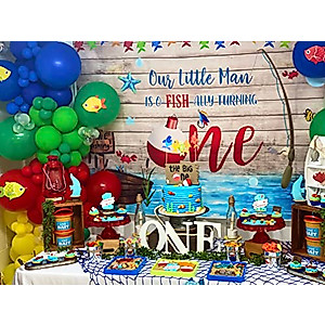 Mocsicka Gone Fishing Birthday Party Backdrop O-Fish-Ally 1st Birthday Party Decoration for Boy Rustic Wooden Cake Smash Photography Background (7x5ft)
