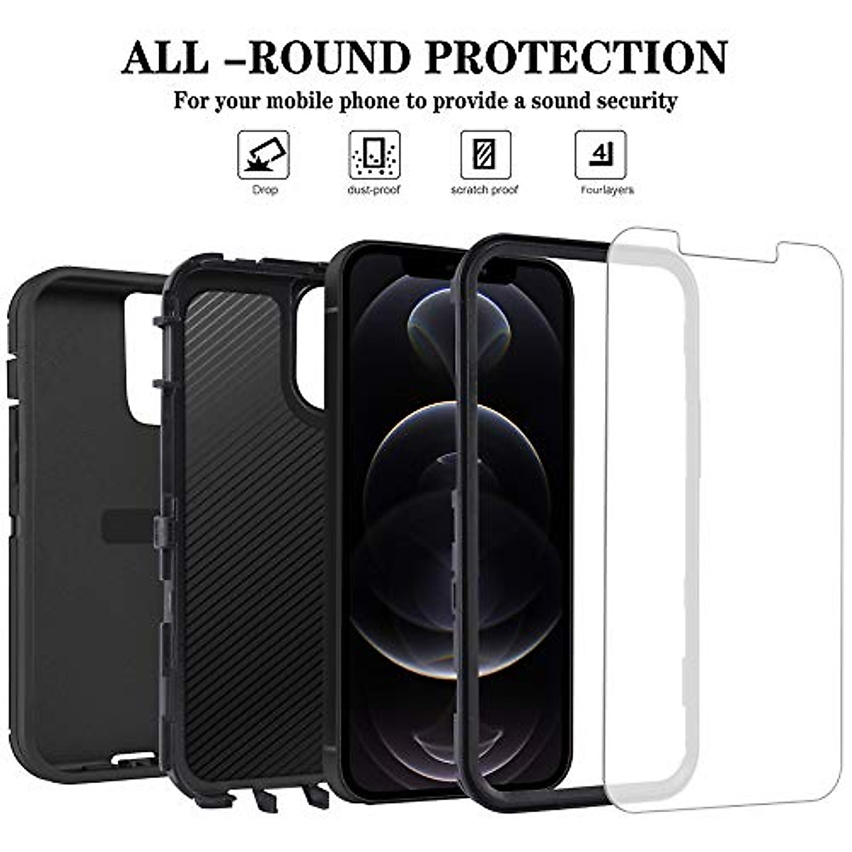 Case for iPhone 12 Pro Max Case 6.7" with 2 Screen Protector, Full Body Rugged Heavy Duty Military Grade Cover, Shockproof Drop-Proof Protection Durable Phone Case (Black)