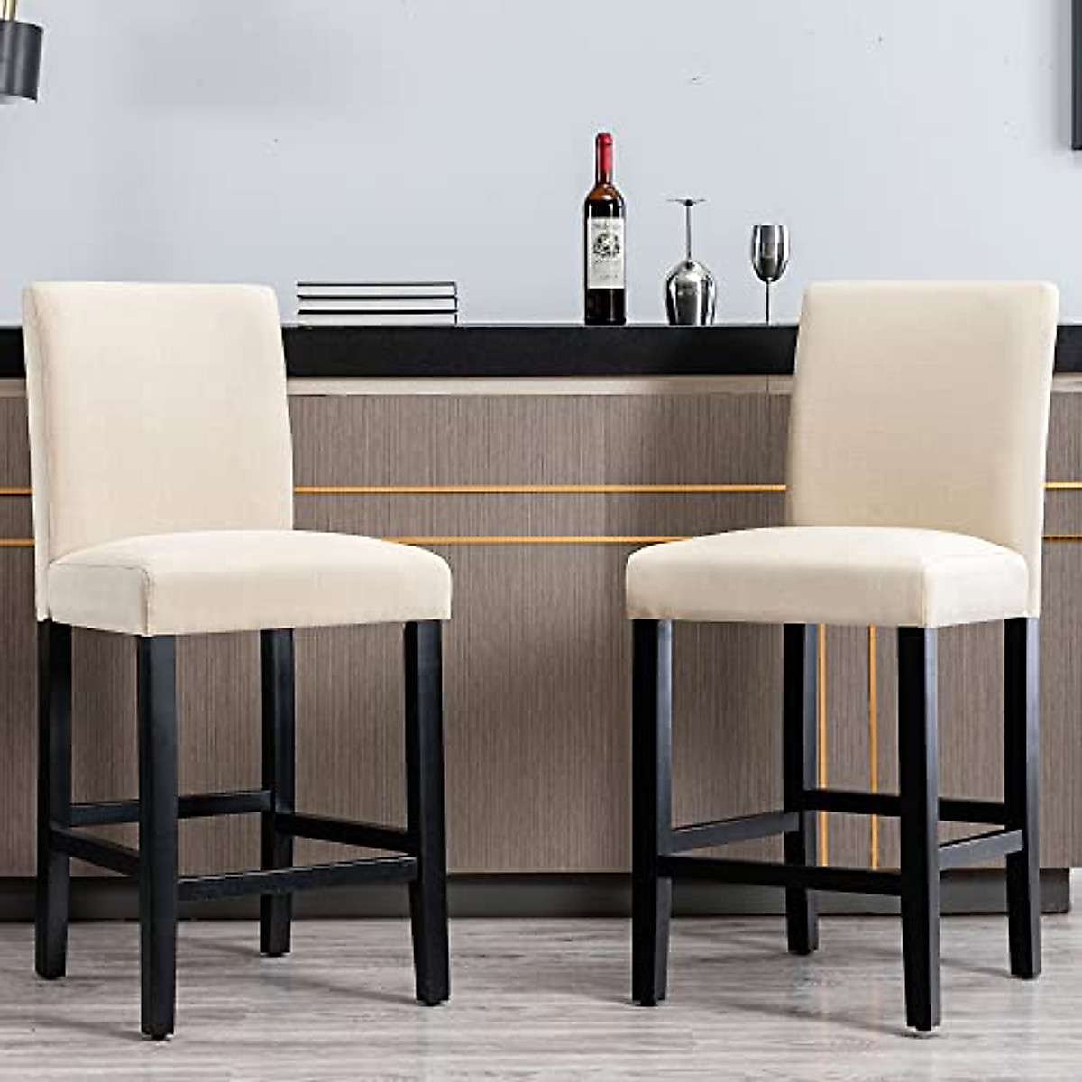 GOTMINSI Classic 24 Inches Counter Height Stools Upholstered Bar Stools with Solid Wood Legs Set of 2(Fabric Beige)