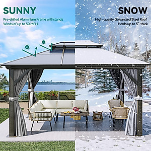 YITAHOME 10x12FT Hard-Top Gazebo Double Roof Canopy Outdoor with Netting and Shaded Curtains, Aluminum Frame Polycarbonate Hardtop Garden Tent for Patio, Backyard, Deck and Lawns, Gray