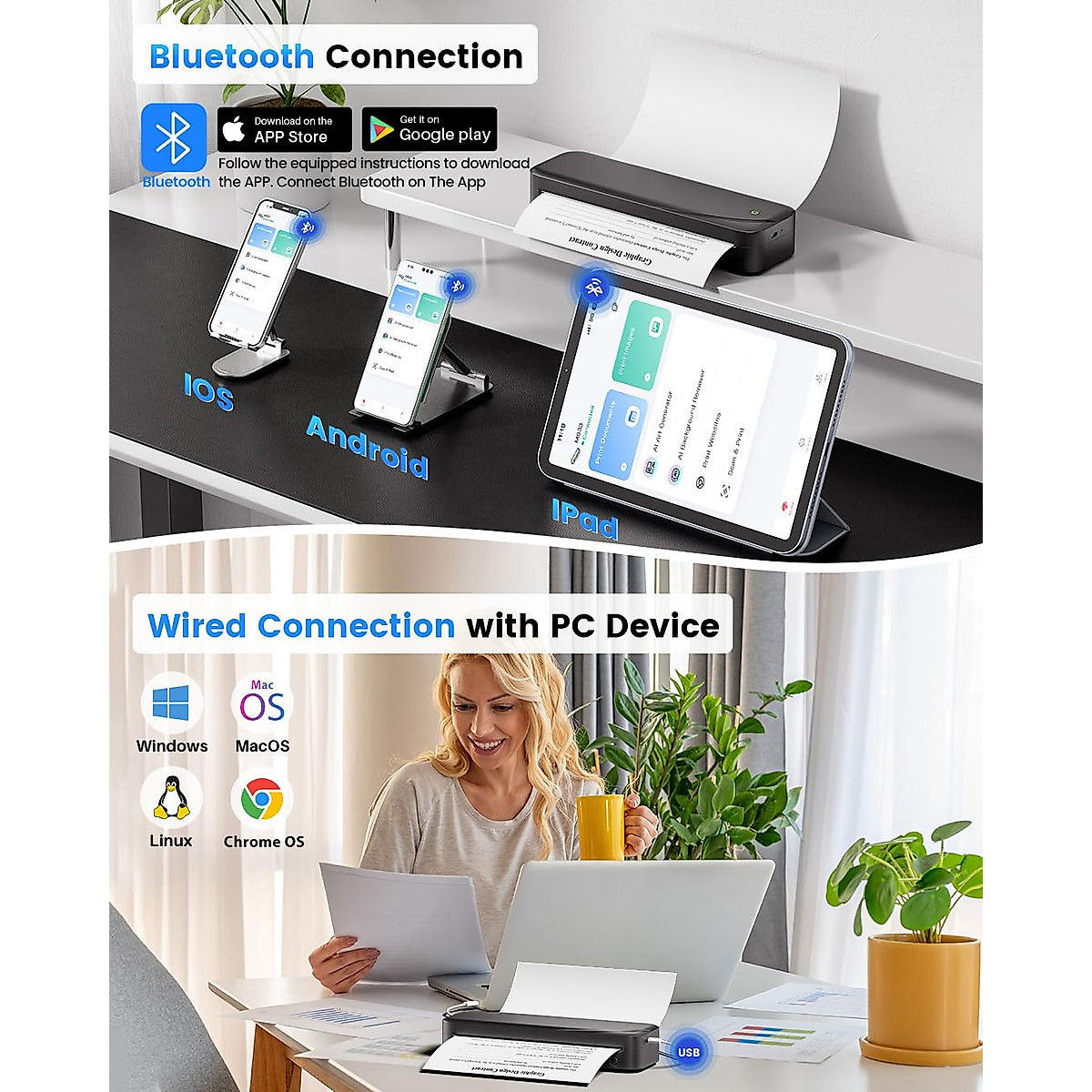 Memoking Portable Printer for Travel, Bluetooth Thermal Printer Support 8.5" X 11" US Letter & A4 Size Thermal Paper, Inkless Printer Compatible with iOS, Android & Laptop for Office, Home, School