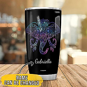 Wassmin Personalized Elephant Tumbler Cup With Lid 20oz 30oz Mandala Elephants Stainless Steel Double Wall Vacuum Insulated Tumblers Coffee Travel Mug Custom Name Birthday Christmas Gifts Men Women