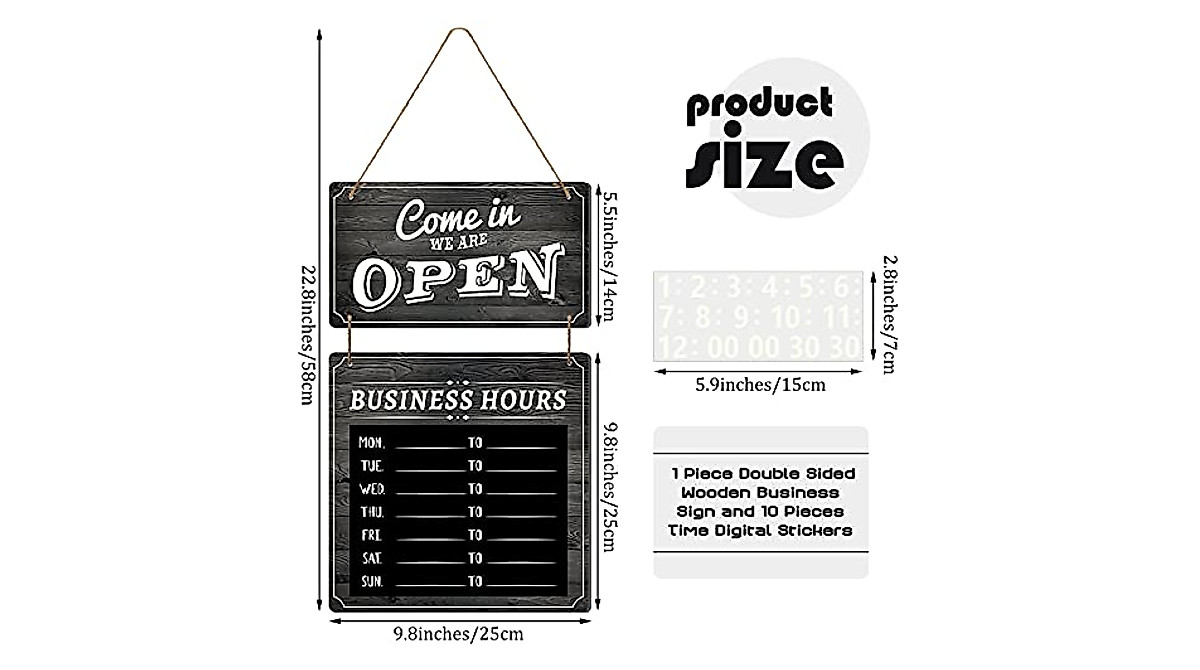 Business Hours Sign - Wooden Double-Sided Store Sign with Digital Stickers