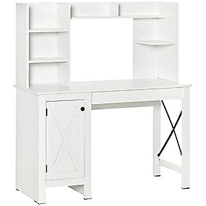 HOMCOM Farmhouse Computer Desk with Hutch and Cabinet, Home Office Desk with Storage, for Study, White