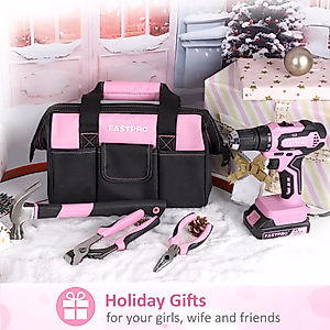 FASTPRO 232-Piece 20V Pink Cordless Lithium-ion Drill Driver and Home Tool Set, Lady's Home Repairing Tool Kit with 12-Inch Wide Mouth Open Storage Tool Bag