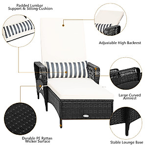 HAPPYGRILL 2 Patio Chaise Lounge Chair Set Outdoor Rattan Wicker Recliner with Thick Cushion, Lumbar Pillow, Adjustable Backrest for Garden Porch Lawn Poolside