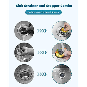 3 in 1 Universal Kitchen Sink Stopper Strainer, 304 Stainless Steel Pop Up Sink Drain Strainer with Handle Rod for US Standard 3-1/2 inch Drain Filter, Anti-Clog