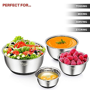 Wildone Mixing Bowls with Airtight Lids, Stainless Steel Nesting Mixing Bowls Set of 5, with Non-slip Silicone Bottoms, Size 8, 5, 3, 2, 1.5 QT, Stackable Design, Great for Mixing and Prepping