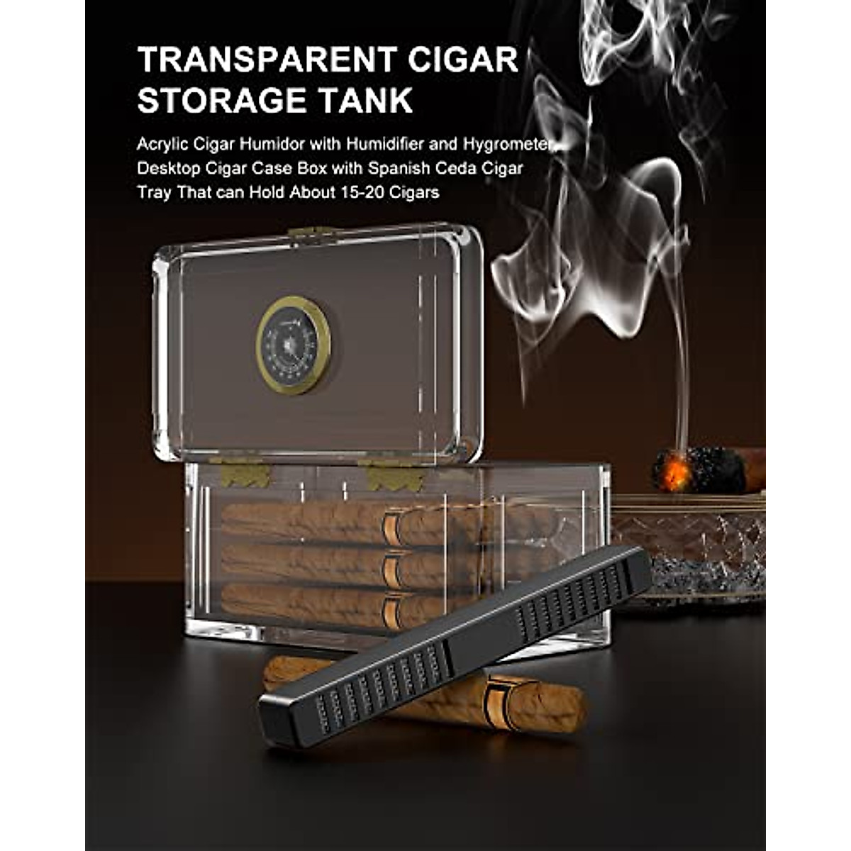TISFA Acrylic Cigar Humidor with Humidifier and Hygrometer, Desktop Cigar Case Box That can Hold About 15-20 Cigars (S)
