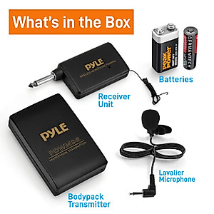 PYLE-PRO Wireless Clip Lavalier Microphone System Portable Professional Clip Lav lapel Mic set with Volume Control, 20 ft range - Transmitter, Receiver, Battery For Camera, Sound Recorder ProPDWM96