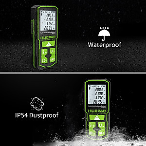 Huepar Laser Distance Measure Green Beam 328Ft, Digital Meter with Angle Sensor, LCD Backlit Display, Rechargeable Laser Measurement Tool M/in/Ft/Ft+in, Pythagorean/Area/Volume Measuring-S2-LM100