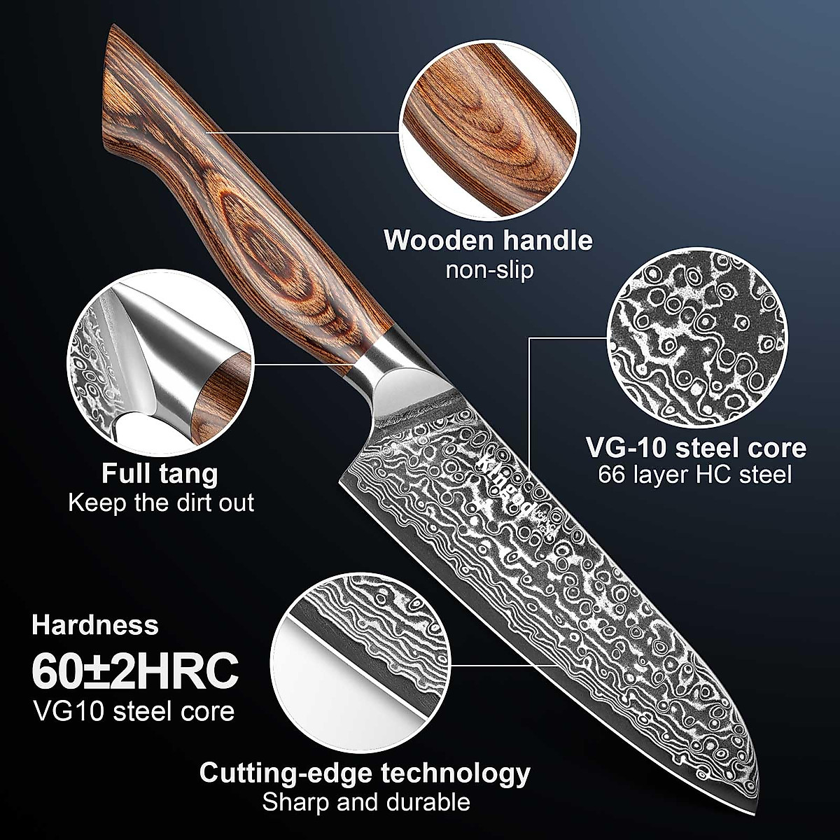 KINGOD 5 Inch Santoku Knife - Japanese VG10 Steel Core - Ultra Sharp Blade - Ergonomic Wooden Handle - Kitchen Essentials