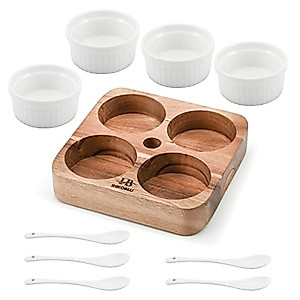 Ceramic Dipping Bowls Set of 4 with Tray and Spoons, Dip Bowls for Side Dishes, Chip and Dip Serving Set for Sauce, Condiment, Dessert, Salsa, Snacks, Acacia Wooden Board With Cocktail Stick Holder