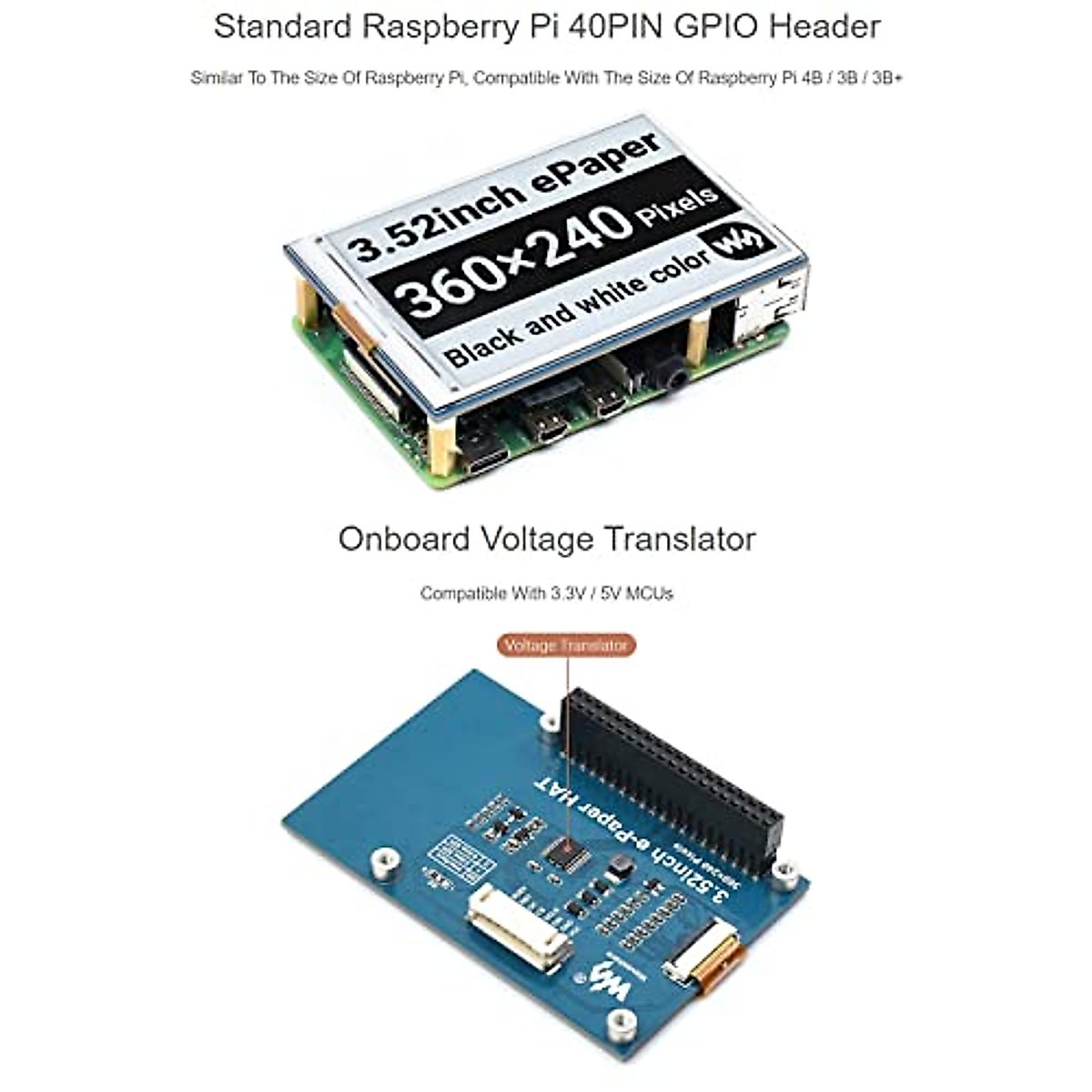 Waveshare 3.52inch E-Paper HAT Compatible with Raspberry Pi 4B/3B+/3B/2B/B+/A+/Zero/Zero W/WH/Zero 2W Supports Jetson Nano 360 × 240 Resolution SPI Interface Black/White Dual Colors