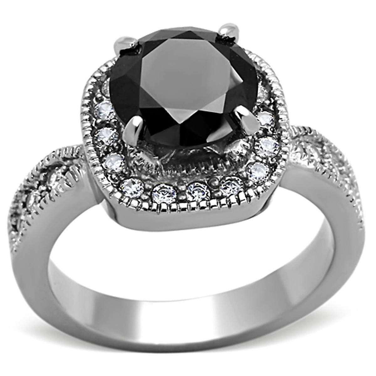 Marimor Jewelry 3 Carat Round Cut Black Cubic Zirconia Stainless Steel Halo Engagement Ring Size 8