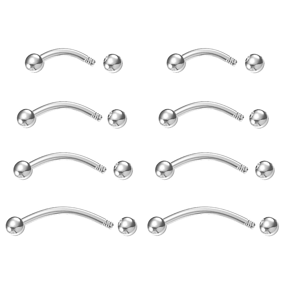 NewkeepsR 4 Pairs-16G(1.2mm) Titanium Bent Curved Barbell Banana Rook Front Helix Eyebrow Rings Piercing Jewellery 6mm/8mm/10mm/12mm