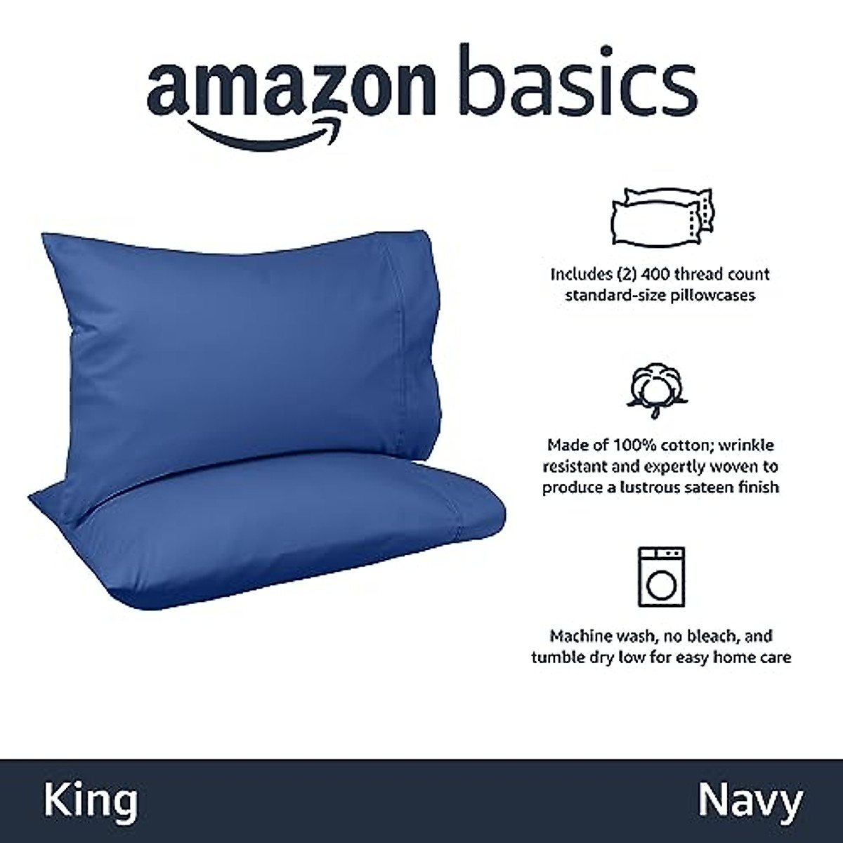 Amazon Basics 400 Thread Count Cotton Pillow Cases, King, 40" L x 20" W, Navy - Set of 2, Pillows Not Included