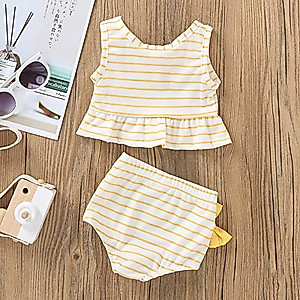 Baby Girl Bikini Striped Beach Swimsuit Ruffles Bathing Suit Adjustable Swimwear 2 Pcs Set (0-6 Months, B Yellow)
