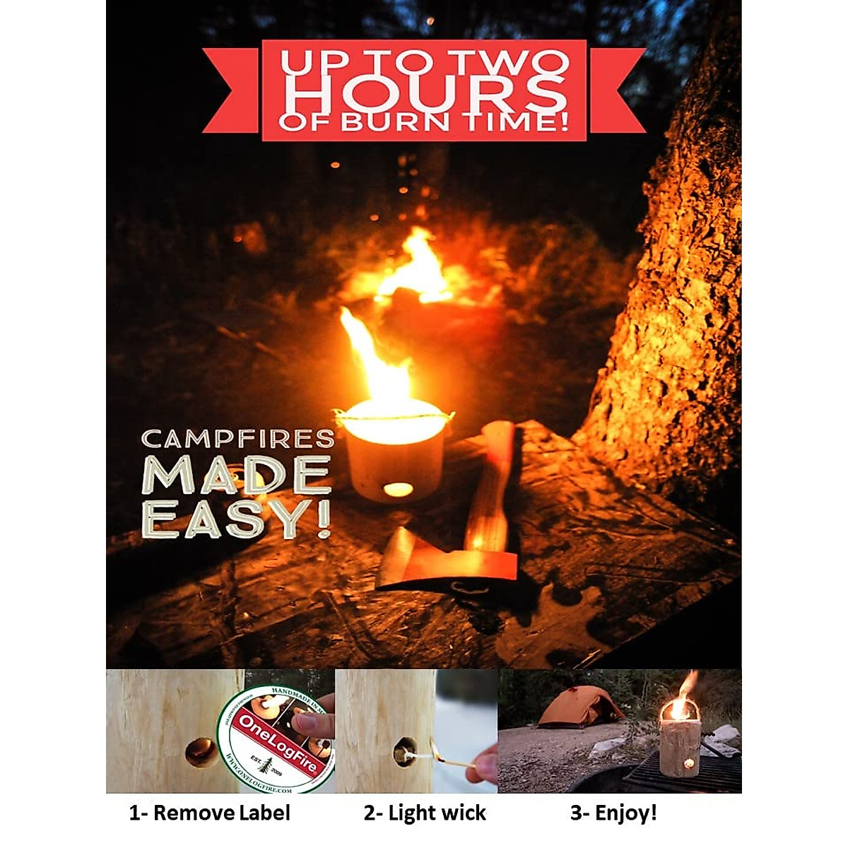 One Log Fire, Mini - Single Log Campfire, 100% Natural Red Pine, Easy Light - 1 Hour Burn Time (3 Pack)