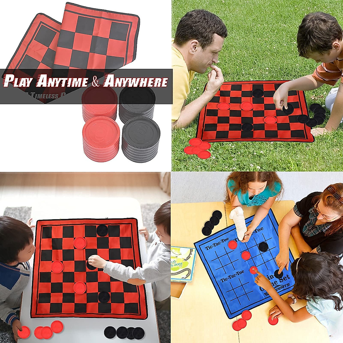Win SPORTS 3 in 1 Giant Checkers Game Set,Super Tic Tac Toe,Including Reversible Rug with 24 Checkers,Indoor and Outdoor Activity for Kids or Adults,Board Game,Yard Game