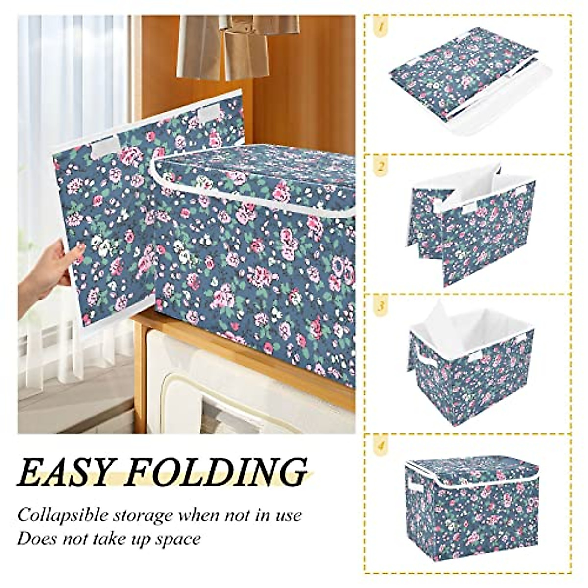 Cute Trendy Floral Flower Foldable Storage Bins with Lids Decorative Storage Box Container for Home Bedroom Office