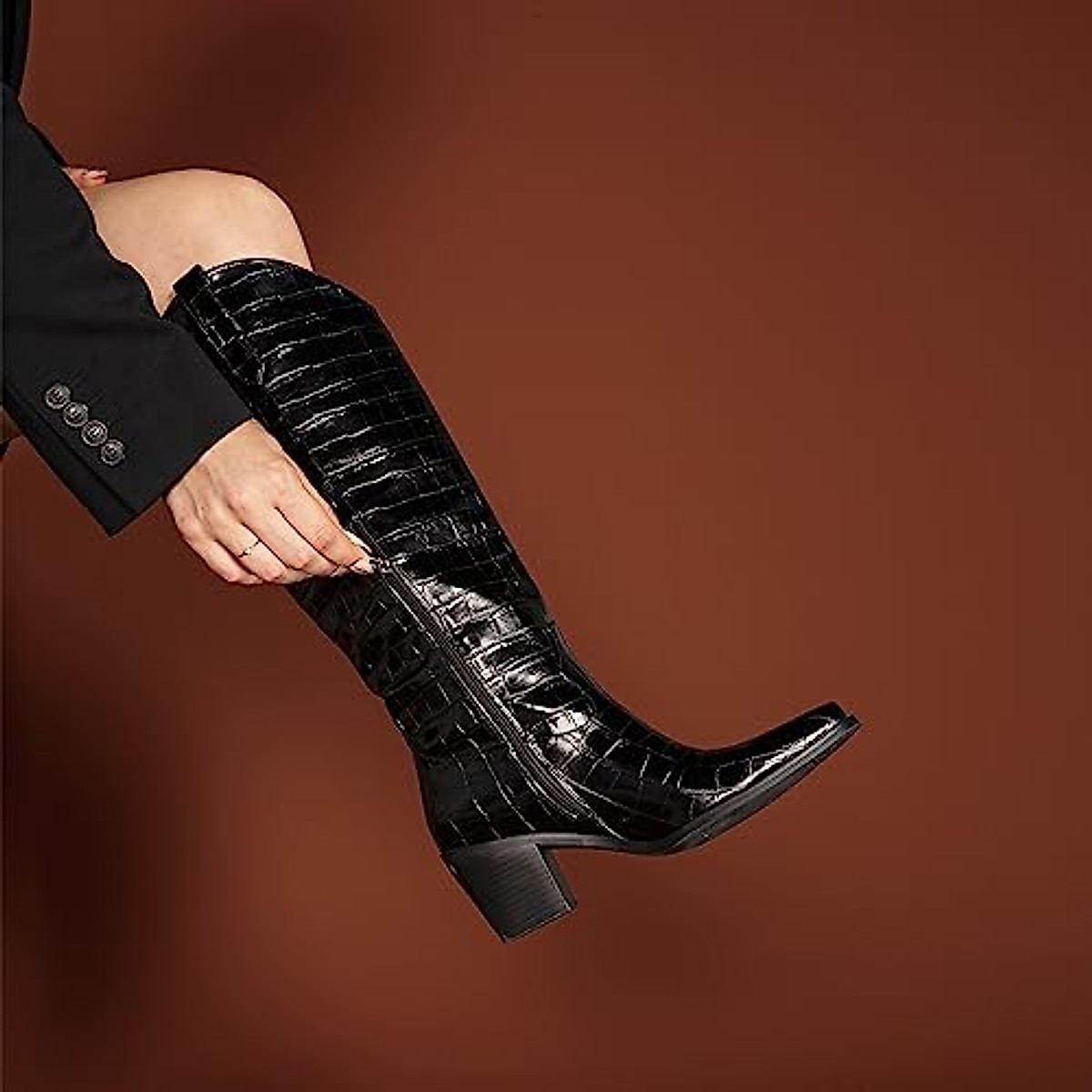 Pasuot Knee High Boots for Women - Black Wide Calf Crocodile Print Cowboy Boots with Side Zipper, Pointed Toe Chunky Low Heel Retro Fashion Tall Cowgirl Boot Pull On for Ladies Fall Winter US 6