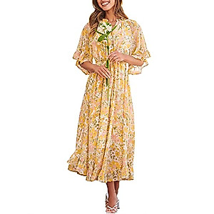 ANRABESS Women's Summer Ruffle Maxi Dress Floral Print 3/4 Bell Sleeve V Neck High Waist Flowy Boho Long Dress 746fenhuang-XL