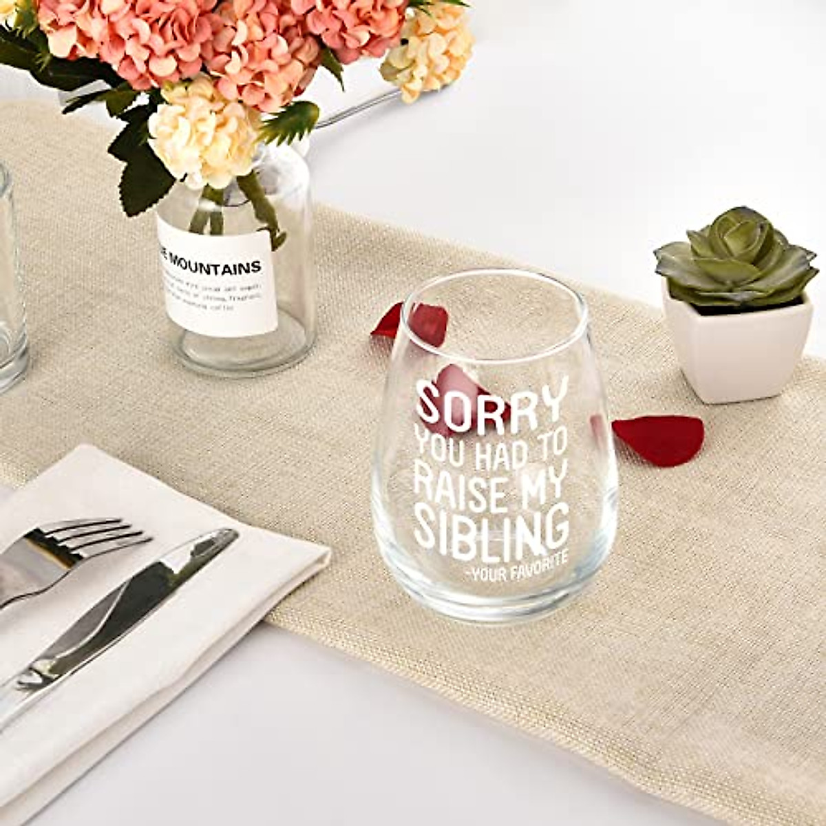 Waipfaru Sorry You Had to Raise My Sibling Stemless Wine Glass, Funny Mom & Dad Wine Glass, Gifts Idea for Mom & Dad Mother on Christmas Birthday Mother’ s Day Father’ s Day, Mom & Dad Gift, 15Oz