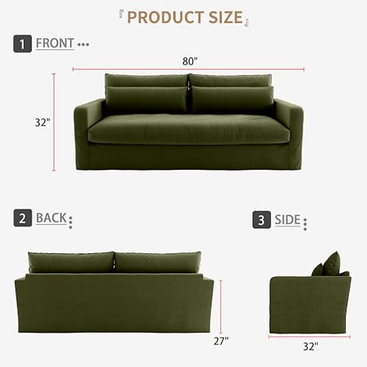 SILKIR Living Room Down Filled Couch with Lumbar Pillows Comfy Apartment,Bedroom,Office Sofas, 80 Inch, Olive Green