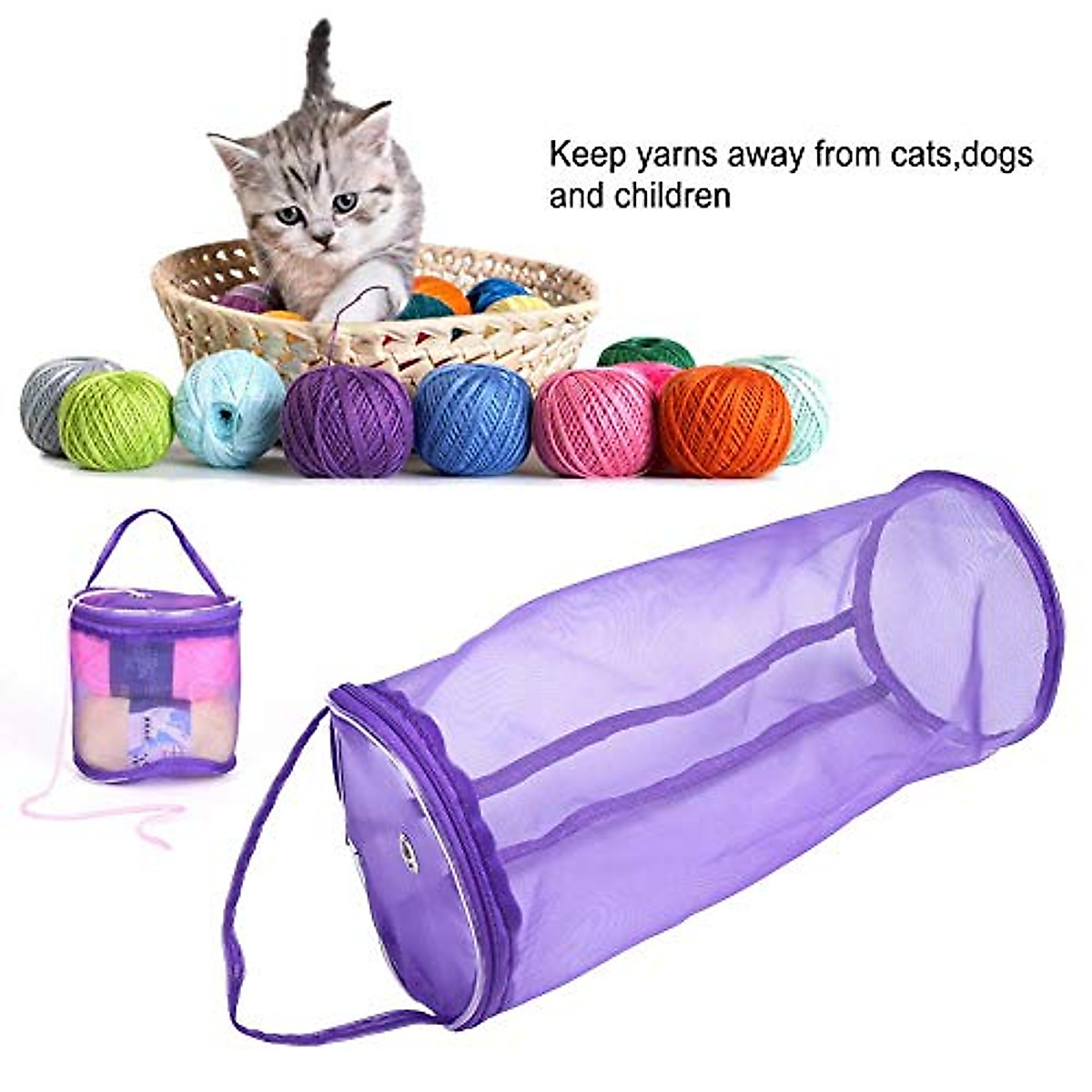 Mesh Bag Yarn Knitting Bags Holder Storage Organizer with High Capacity for Crochet Hooks Knitting Needles Project Supplies(L-Purple)